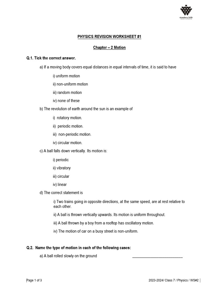 PHYSICS REVISION WORKSHEET #1 Ch-2 Motion | PDF | Physical Quantities ...
