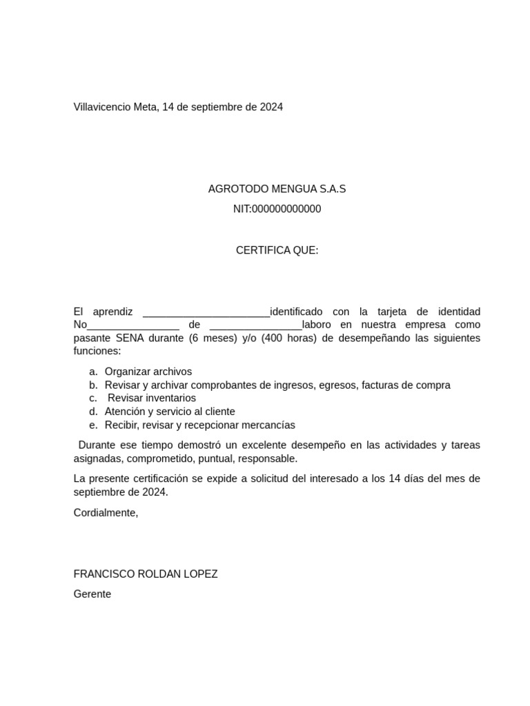Ejemplo de Certificación Laboral | PDF