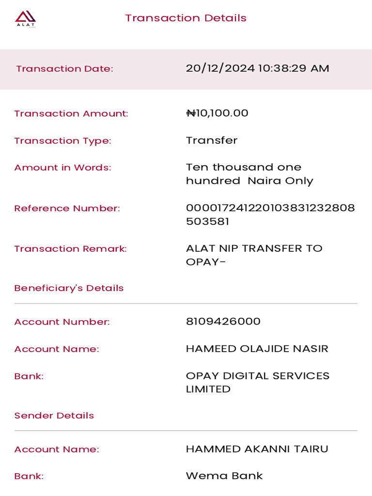 ALAT Transfer Receipt - HAMEED OLAJIDE NASIR - 8109426000 - ₦10,100.00 ...