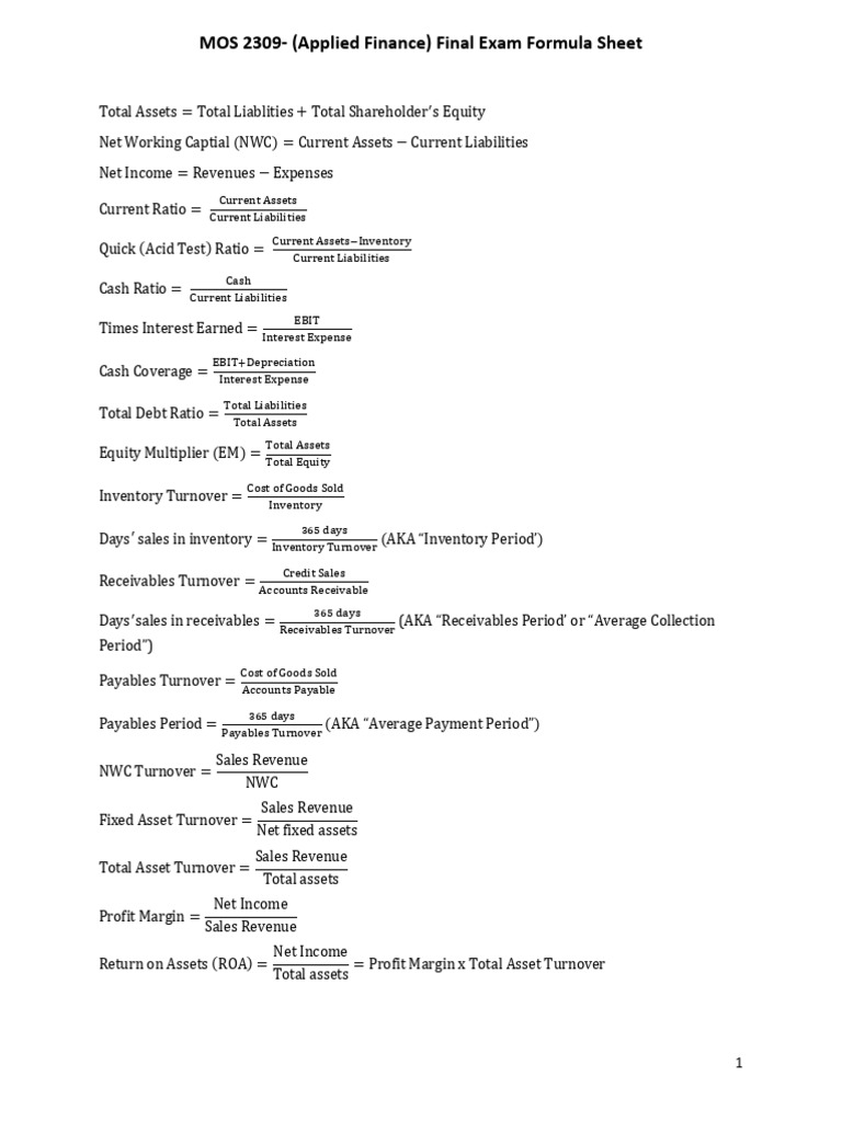 2309 Sample Formula Sheet - Final Exam | PDF | Revenue | Equity (Finance)