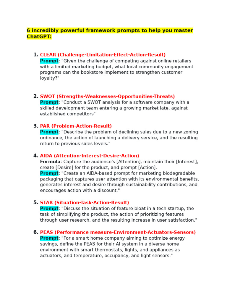 6 Incredibly Powerful Framework Prompts To Help You Master ChatGPT | PDF