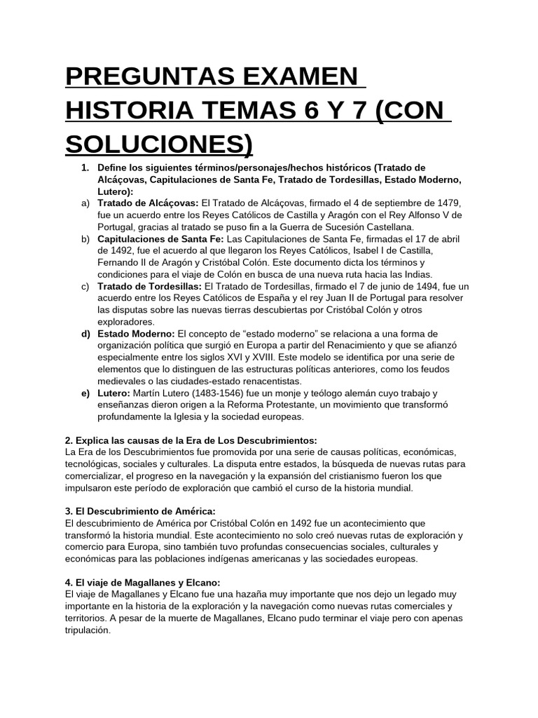 Con Soluciones Preguntas Examen Historia Tema 6 y 7 | PDF | Cristobal colon