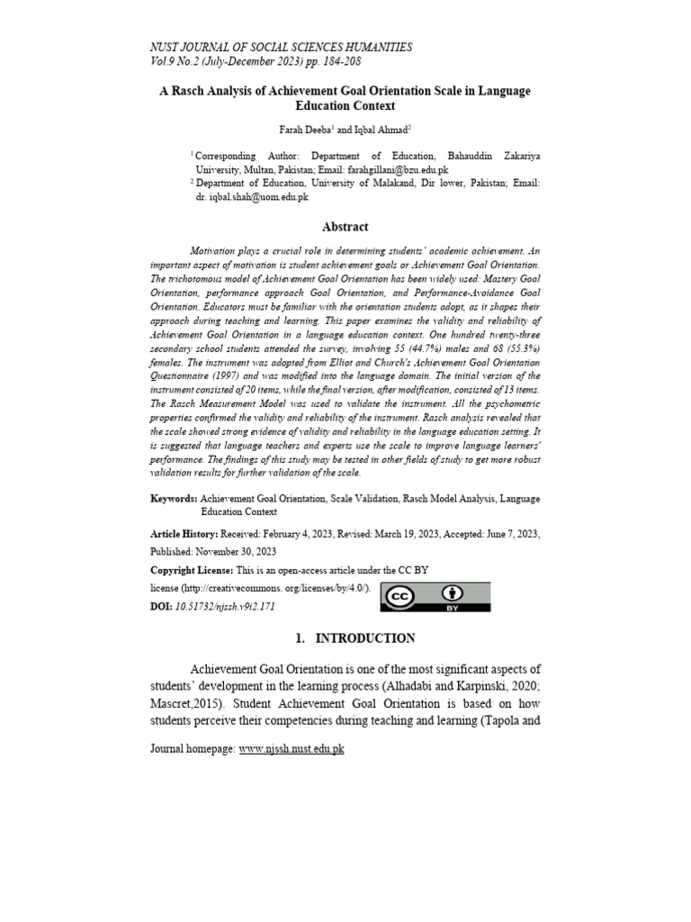A Rasch Analysis of Achievement Goal Orientation Scale in Language ...