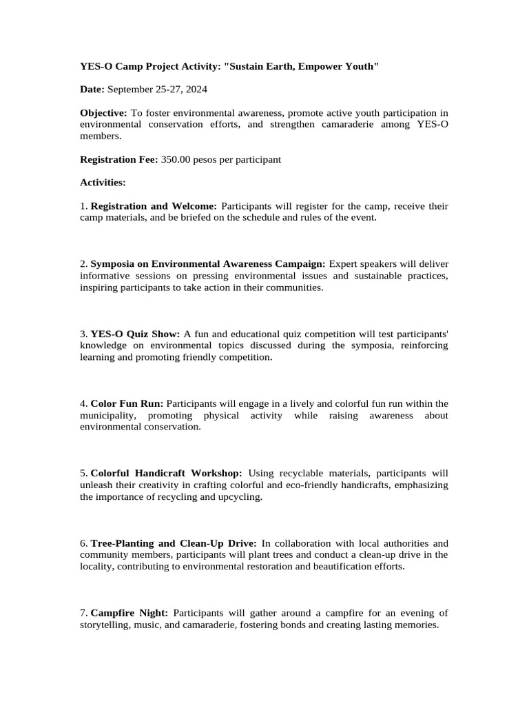 YES-O Camp: Sustain Earth, Empower Youth | PDF | Sustainability ...