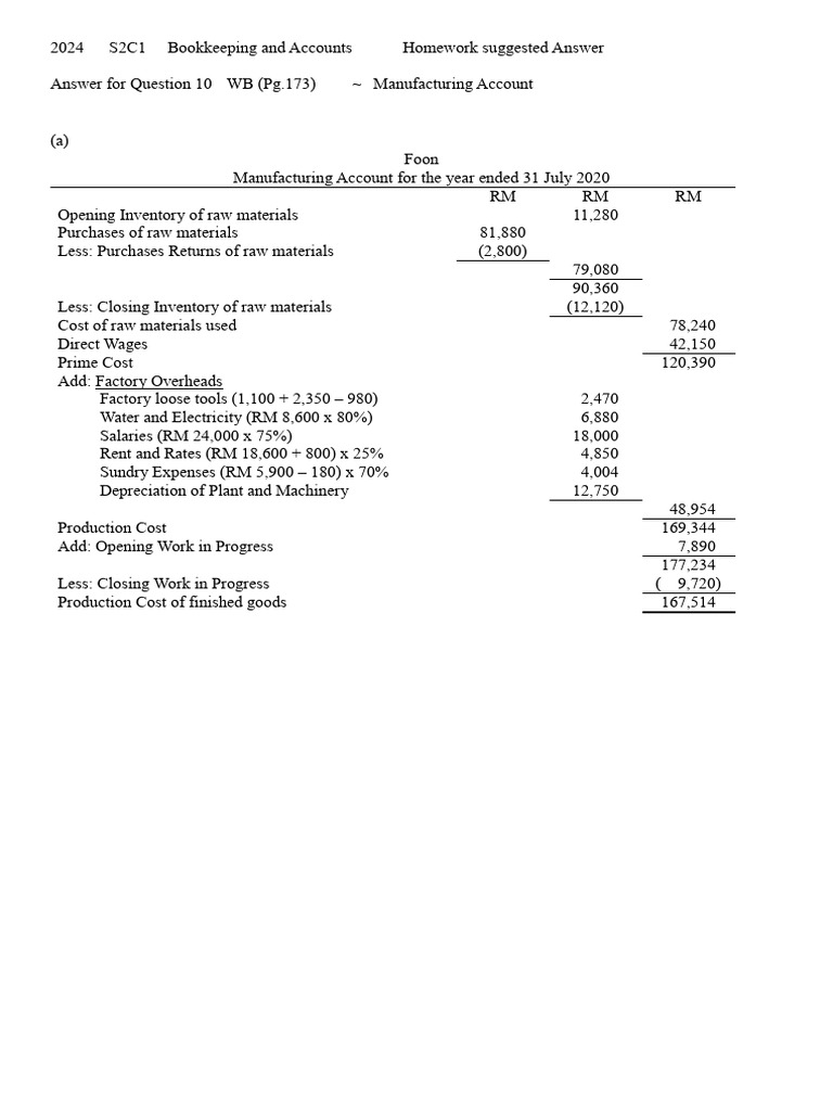 Chapter 19 Manufacturing Account Q10 Pg. 173 WB2 | PDF