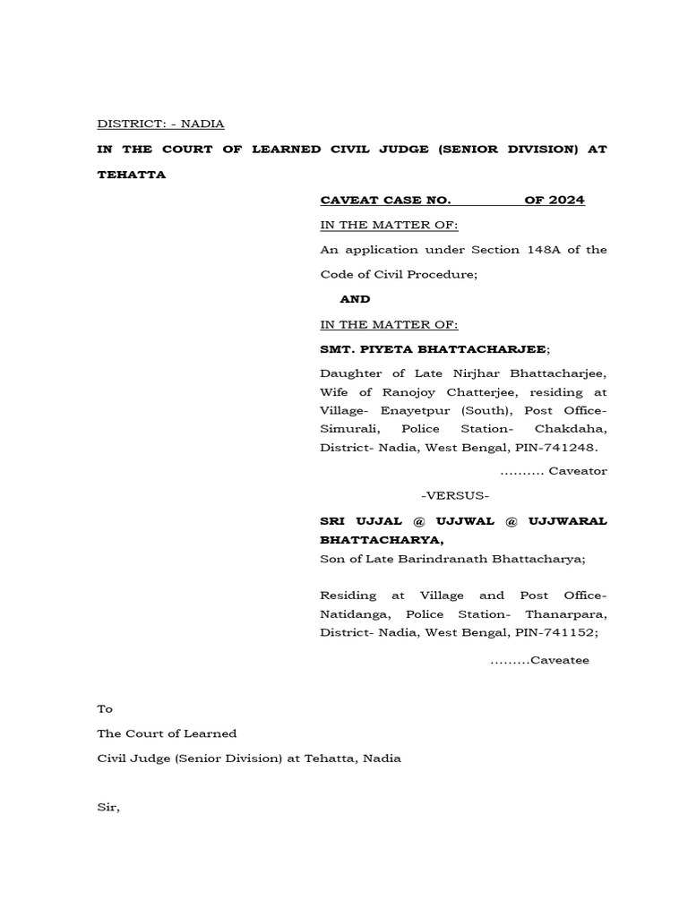 Draft of Caveat (Sub Judge) of Piyeta Bhattacharjee | PDF | Judge ...