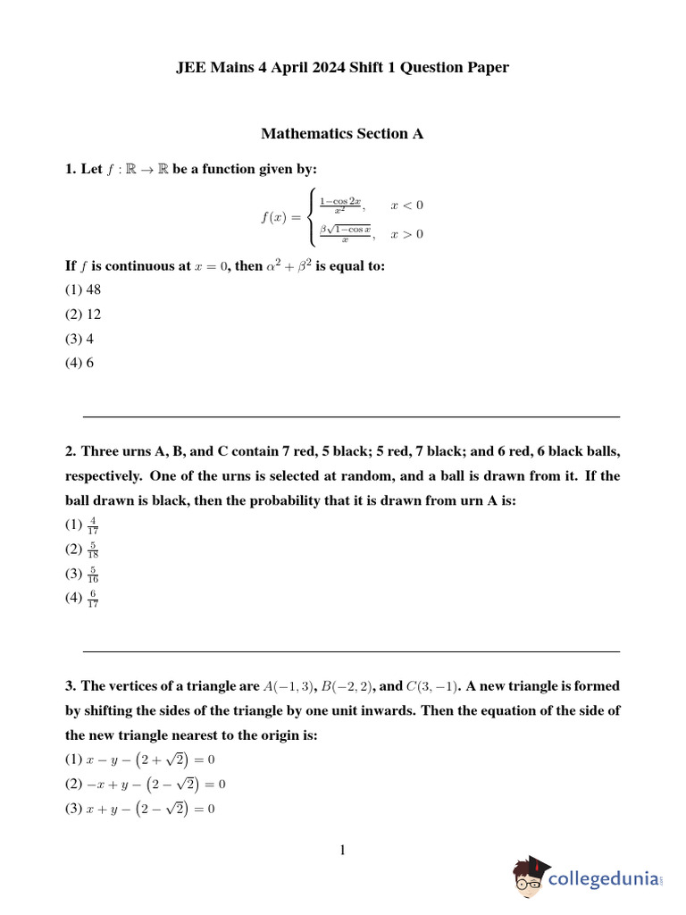 JEE Mains 2024 4 April Shift 1 Question Paper | PDF | Chemistry ...