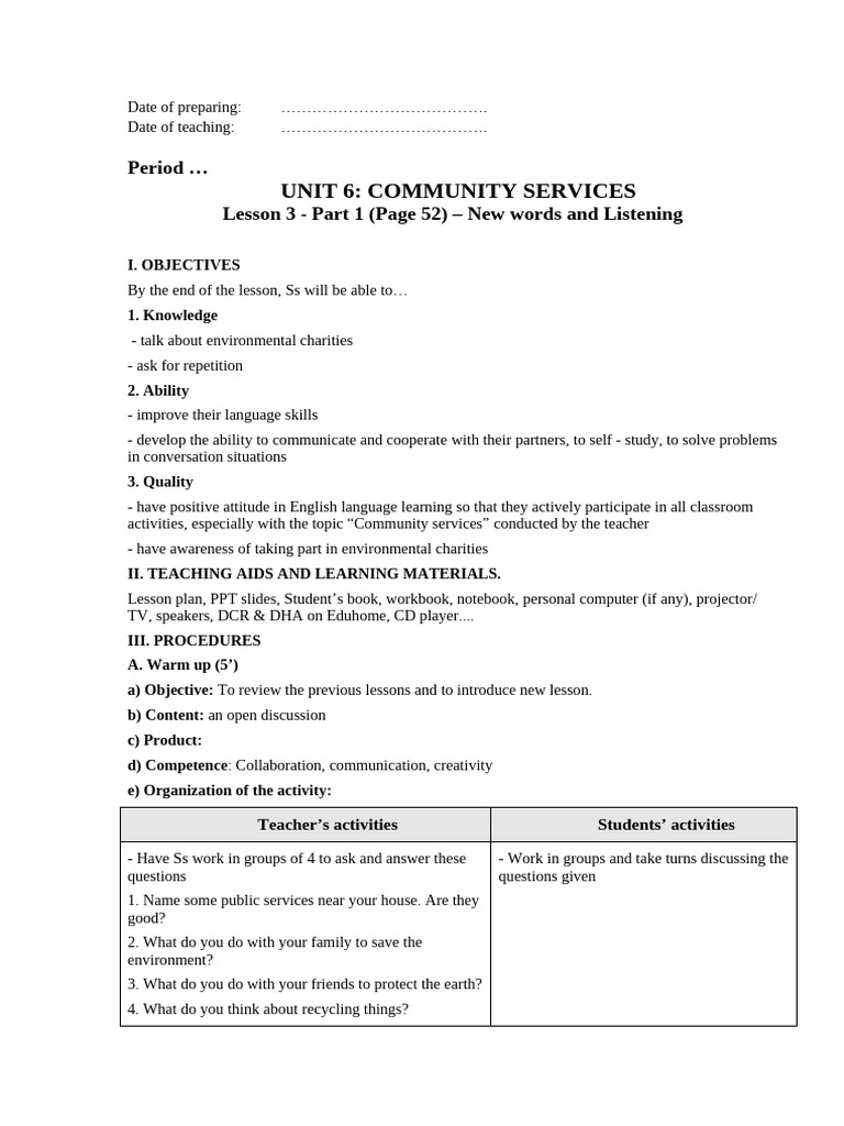 UNIT 6 - LESSON 3 - PART 1 - New Words and Listening | PDF | Reading ...