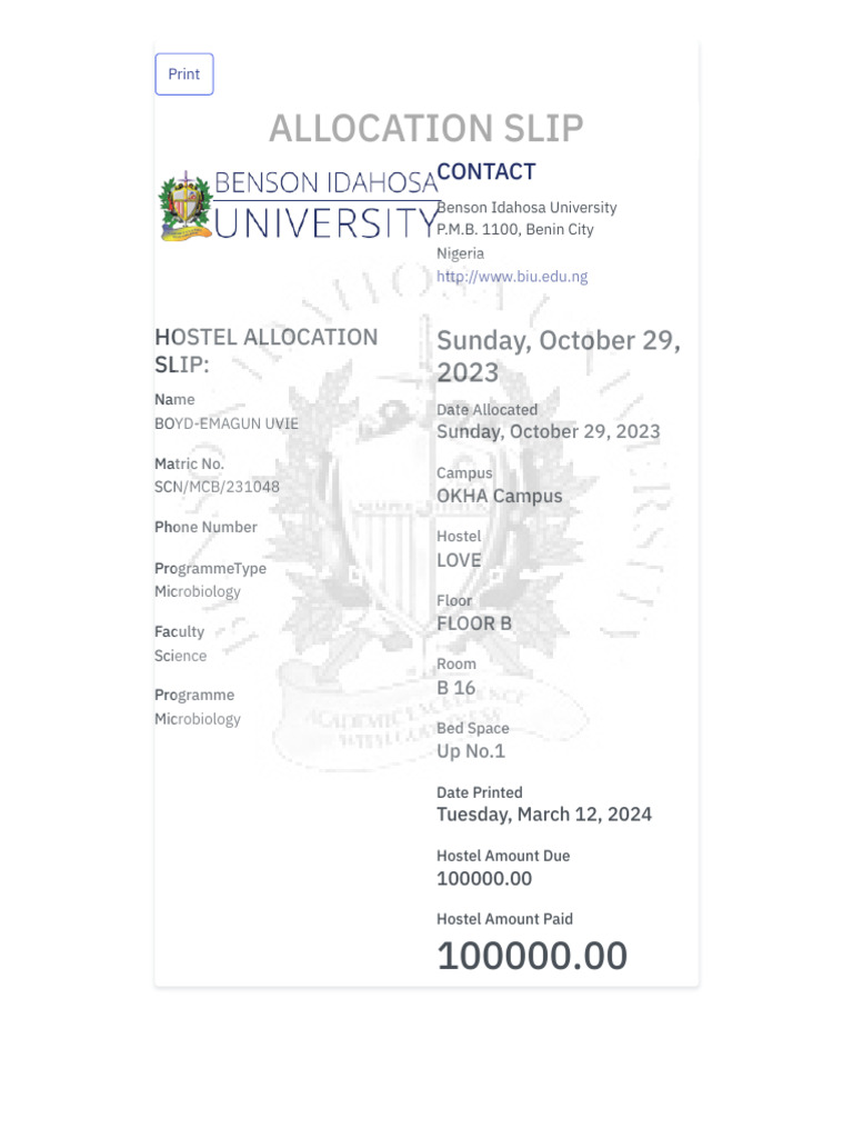 BIU Hostel Allocation Slip 2023 | PDF