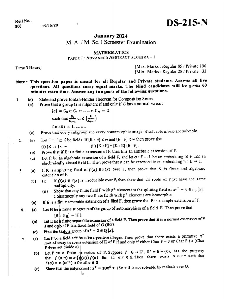 Ma Msc 1 Sem Mathematics p1 Advanced Abstract Algebra 1 Ds 215 n Jan 2024 | PDF