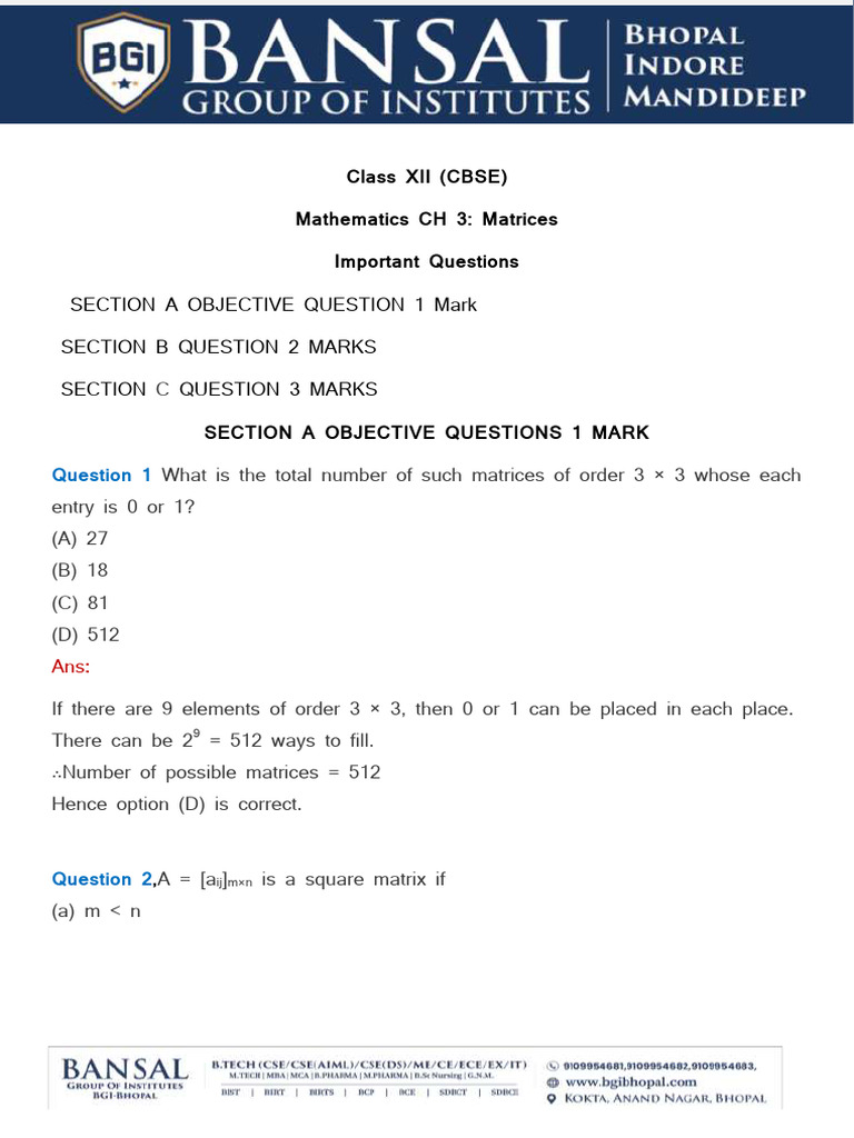 MA -CBSE-Q&S-CH3 -ENG-BHOPAL | PDF | Matrix (Mathematics) | Linear Algebra