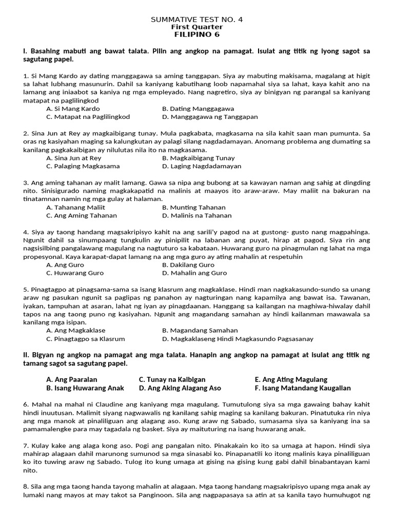 Q1-Filipino Summative Test No. 4 | PDF