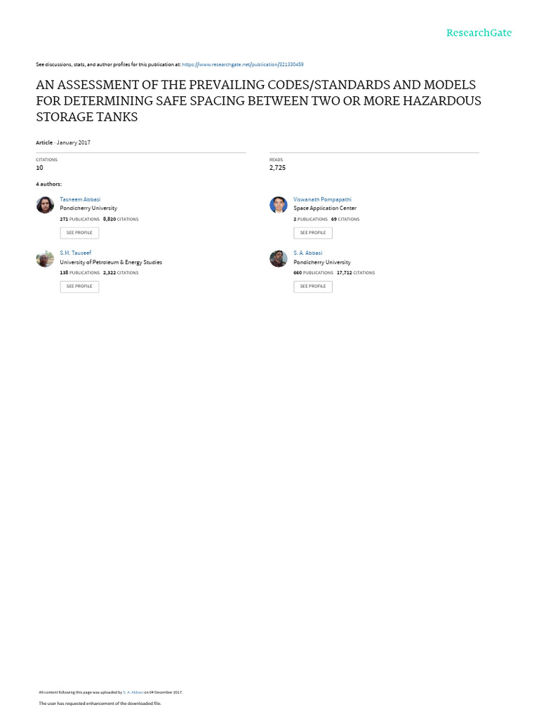 An Assessment of The Prevailing Codes/Standards and Models For Determining Safe Spacing Between ...