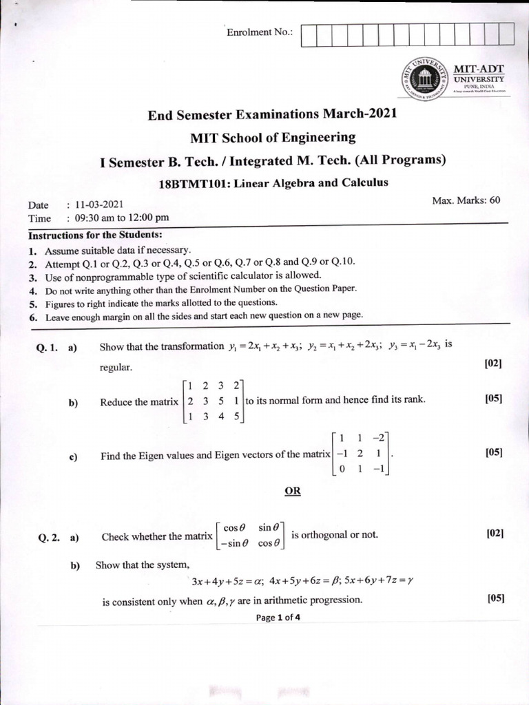 01 - LAC - 18BTMT101 SOE End Semester Examinations March-2021 | PDF