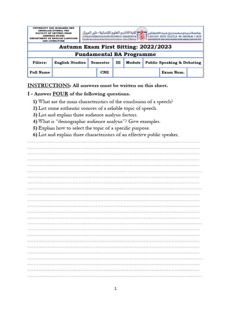 Public Speaking - Autumn Exam First Sitting 2023 | PDF | Human ...
