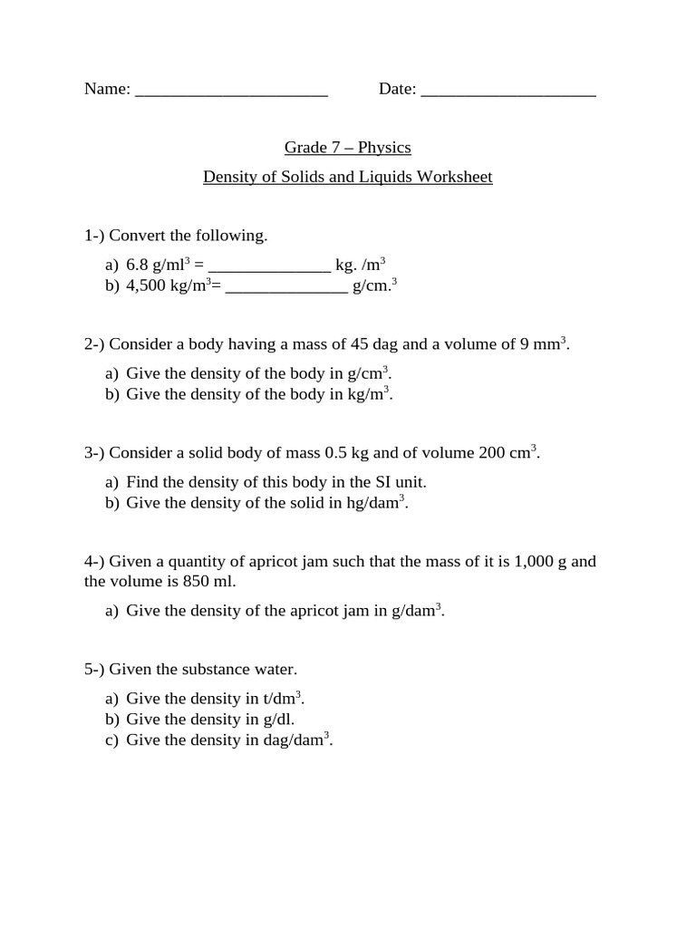 Density of Solid and Liquid Bodies - Exercises Sheet | PDF