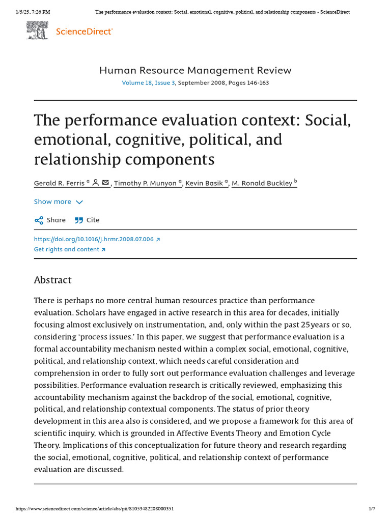 The Performance Evaluation Context - Social, Emotional, Cognitive, Political, and Relationship ...
