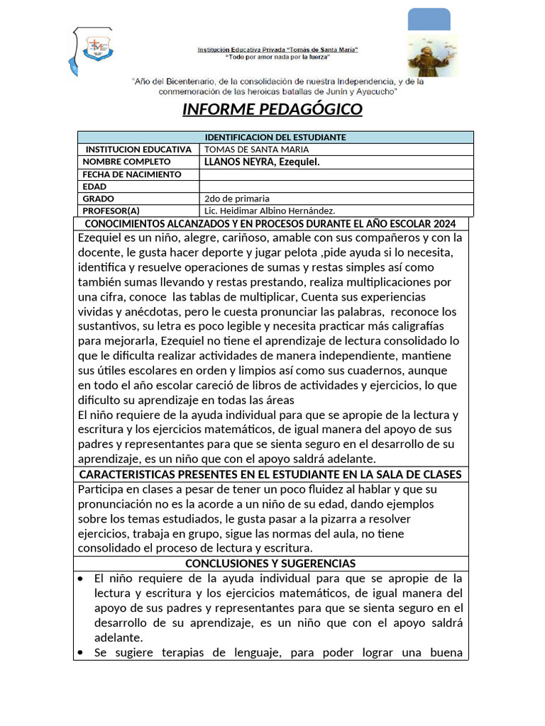 INFORME PEDAGÓGICO Ezequiel | PDF | Aprendizaje | Maestros