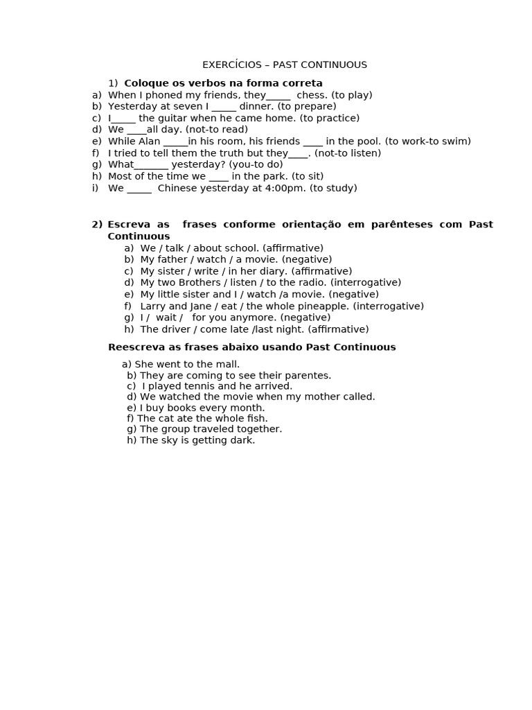 Past Continuos Exercicios | PDF