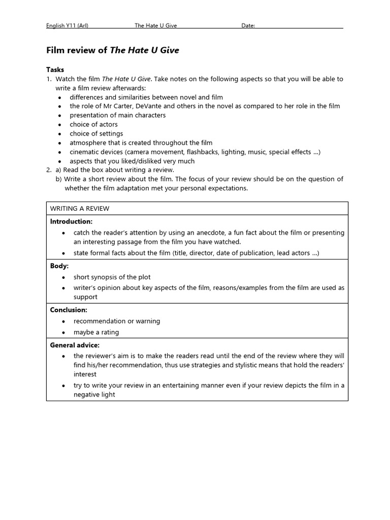 Film Review Guide: The Hate U Give | PDF