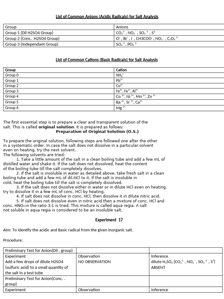 Common Anions and Cations for Salt Analysis | PDF | Salt (Chemistry ...