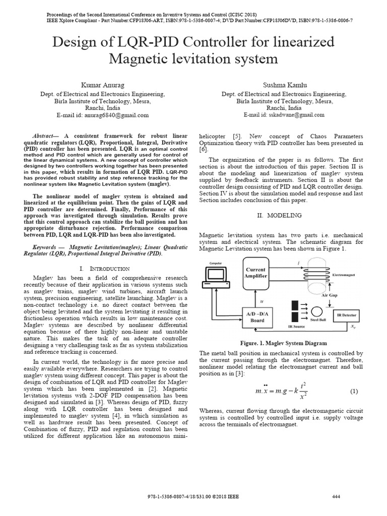 Design of LQR-PID Controller For Linearized Magnetic Levitation System | PDF | Control Theory ...