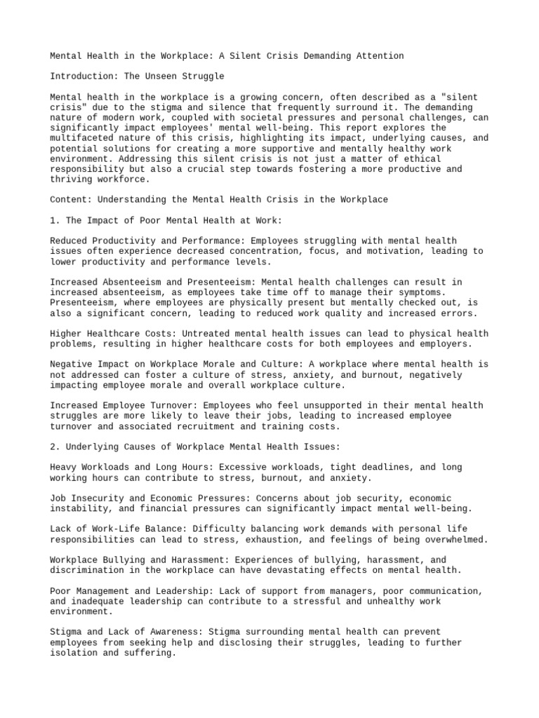 Mental Health in The Workplace A Silent Crisis Demanding Attention | PDF | Mental Health ...