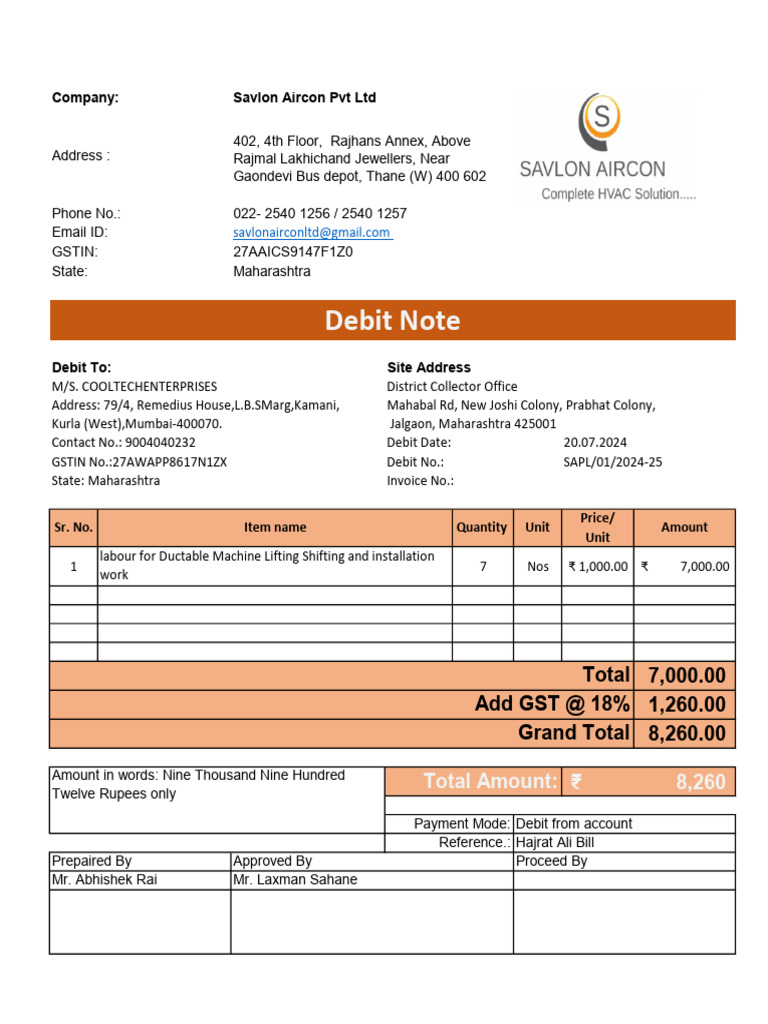 Debit Note 001_2024-25 Cooltech | PDF | Payments
