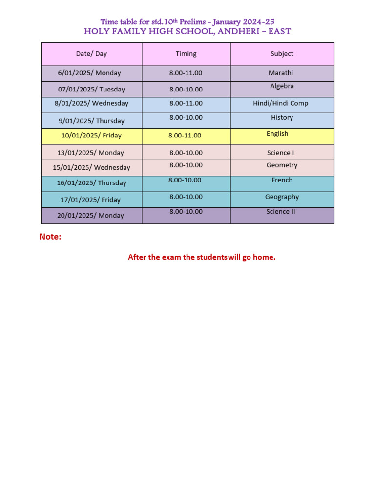 Std 10 Prelims Time Table 2025 | PDF