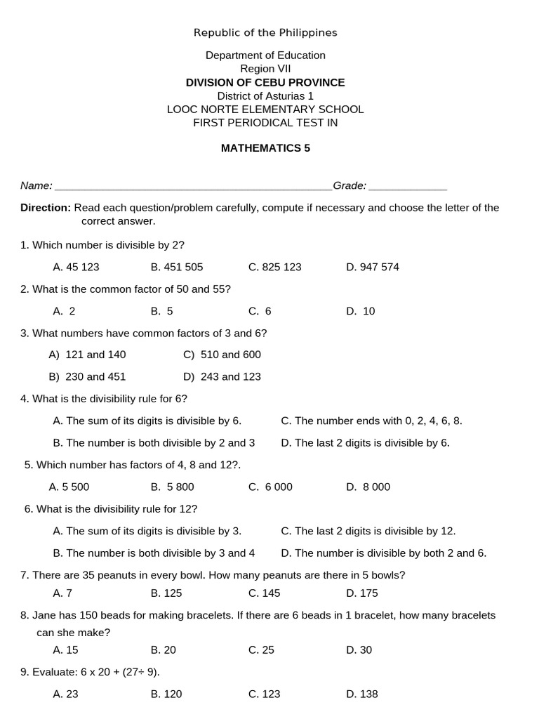 PT_MATH5 Q1 | PDF | Elementary Mathematics | Arithmetic