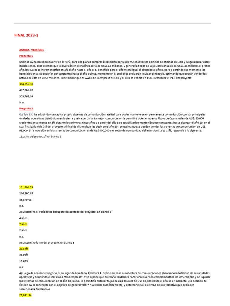 B Solucion Final 2023-1 Todo | PDF | Compartir (Finanzas) | Valor presente neto