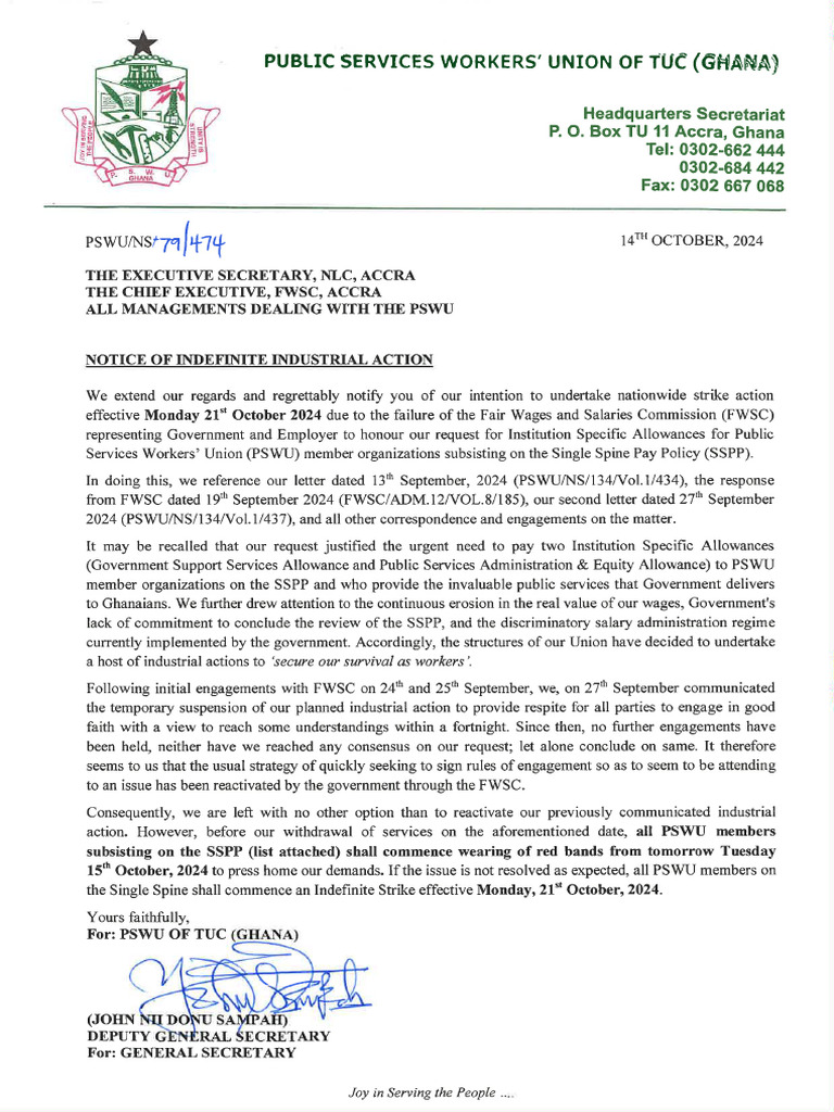 PSWU Notice of Strike On Institution Specific Allowances, 14102024 | PDF
