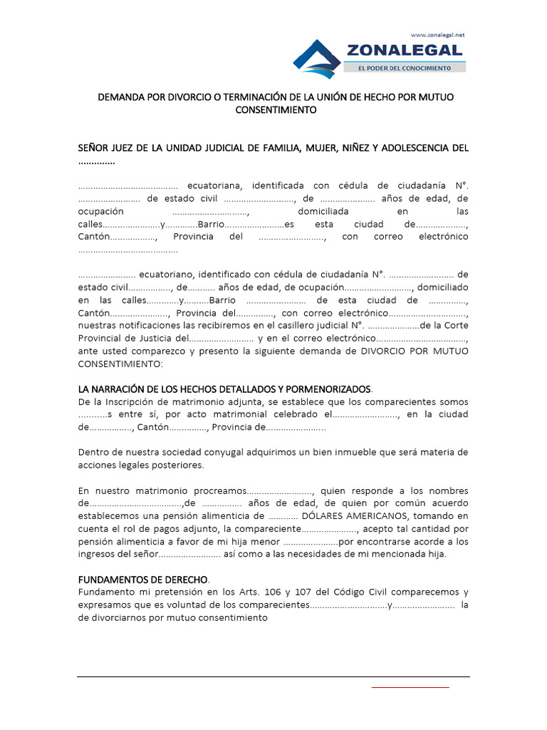 Demanda de Divorcio Mutuo Consentimiento | PDF | Demanda judicial | Matrimonio