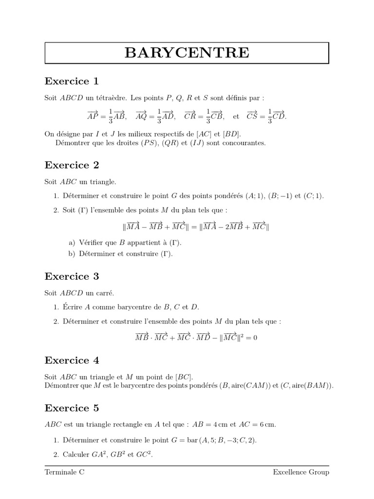 Exercices sur le barycentre en géométrie | PDF | Triangle ...