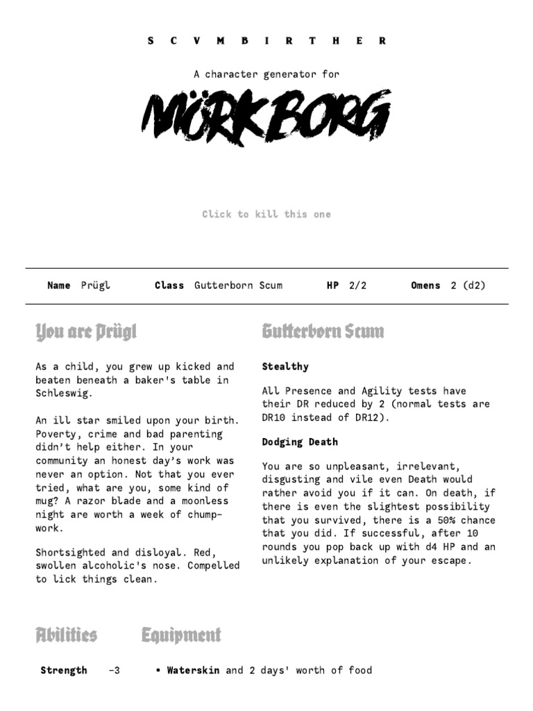 MÖRK BORG Character: Prügl, Gutterborn Scum | PDF