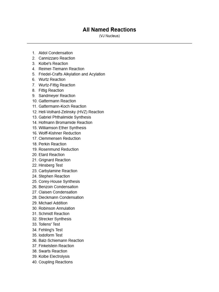 40 Named Reactions | PDF | Aldehyde | Chemical Reactions