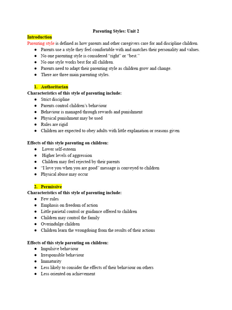 Parenting Notes Unit 2 | PDF | Parenting | Interpersonal Relationships