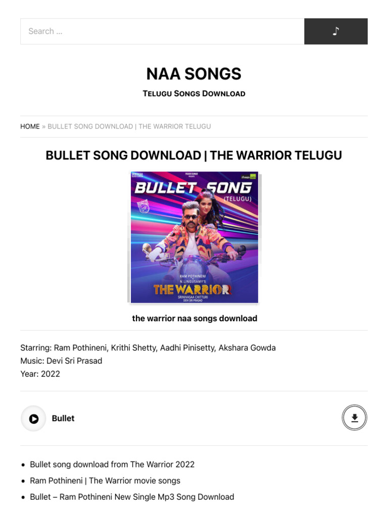 Bullet Song Download - The Warrior Telugu - Naa Songs | PDF