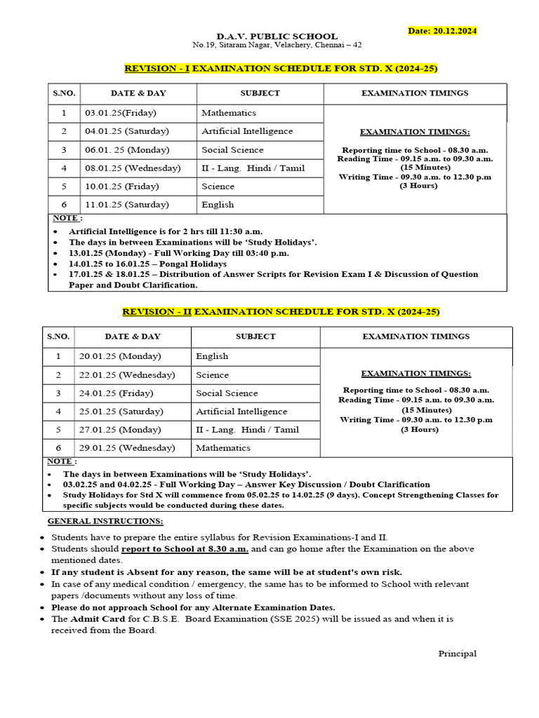 Revision Exam Schedule - Std. X | PDF