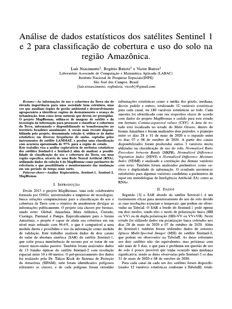 Analise de dados estat ´ ´ısticos dos satelites Sentinel 1 - 1 | PDF Analise de dados estat ´ ´ısticos dos satelites Sentinel 1 - 1 | PDF