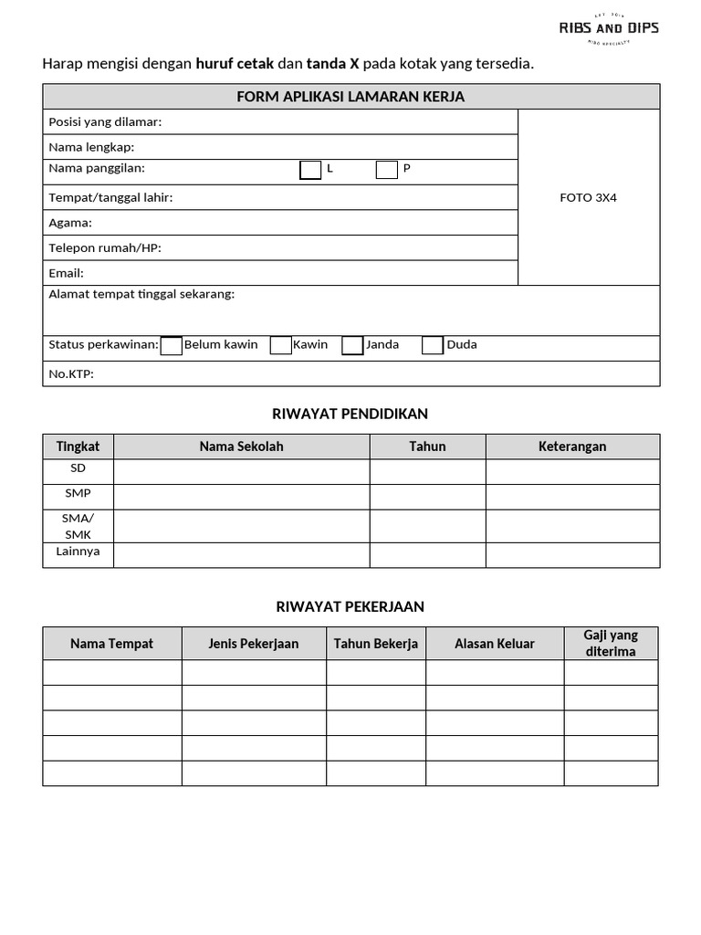 FORM LAMARAN KERJA THE RIBS AND DIPS | PDF