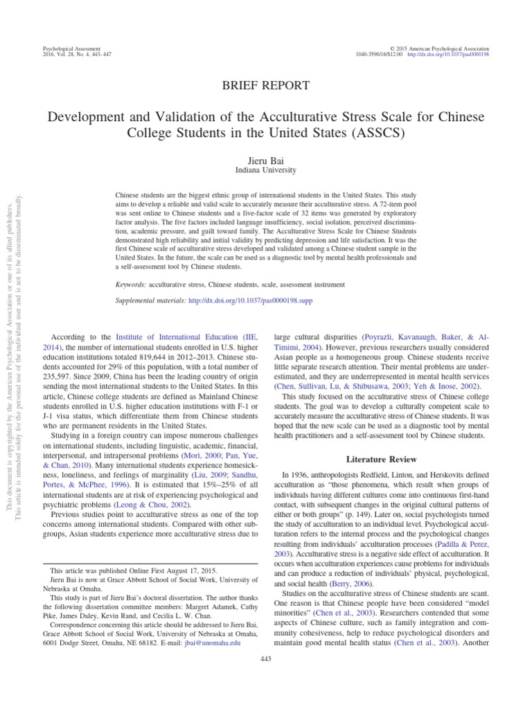 Bai 2016 Acculturative Stress Scale For Chinese College Students in The ...