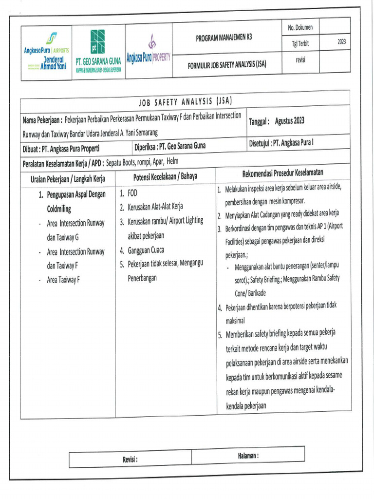 Job Safety Analysis (JSA) Taxiway F 2023 | PDF