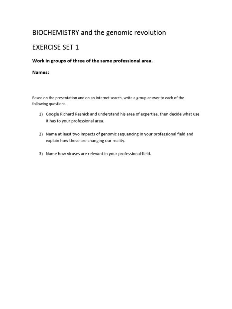 Class Exercise 1 - BIOCHEMISTRY and The Genomic Revolution | PDF