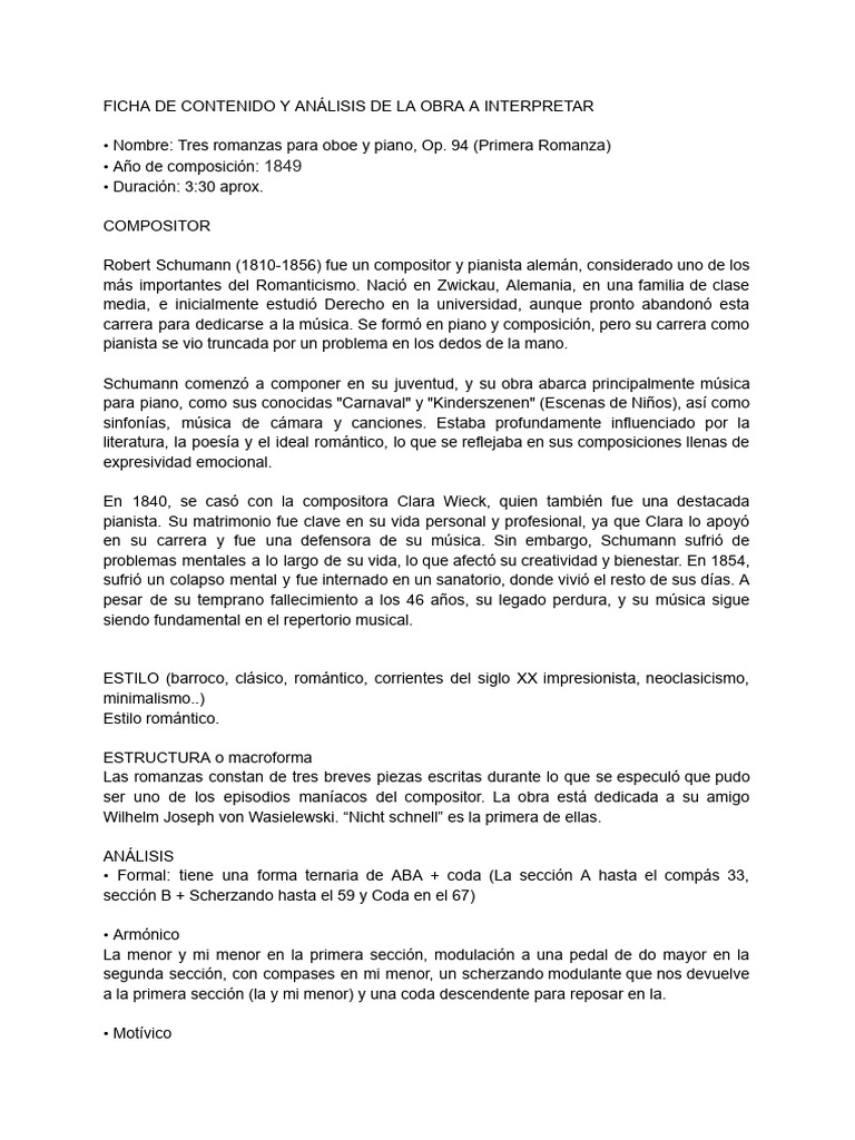 Ficha de Contenido y Análisis de La Obra A Interpretar 2 | PDF | Robert Schumann | Música clásica