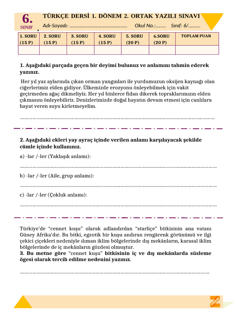 6.sinif 1. Donem 2.yazili Z Turkce Yildirim Senaryo 5 | PDF