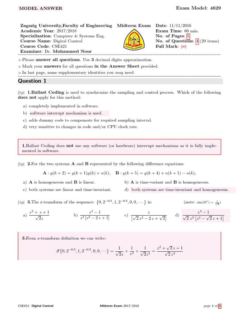 CSE421 Digital Control Midterm Exam 2017 Solution | PDF | Mathematical Analysis | Mathematical ...