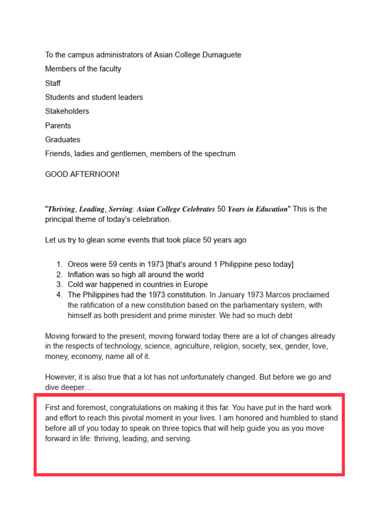 Asian College SHS Graduation Speech | PDF | Psychological Resilience ...