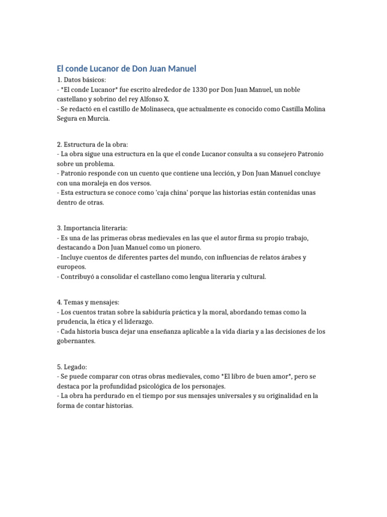 Análisis de El conde Lucanor de Don Juan Manuel | PDF
