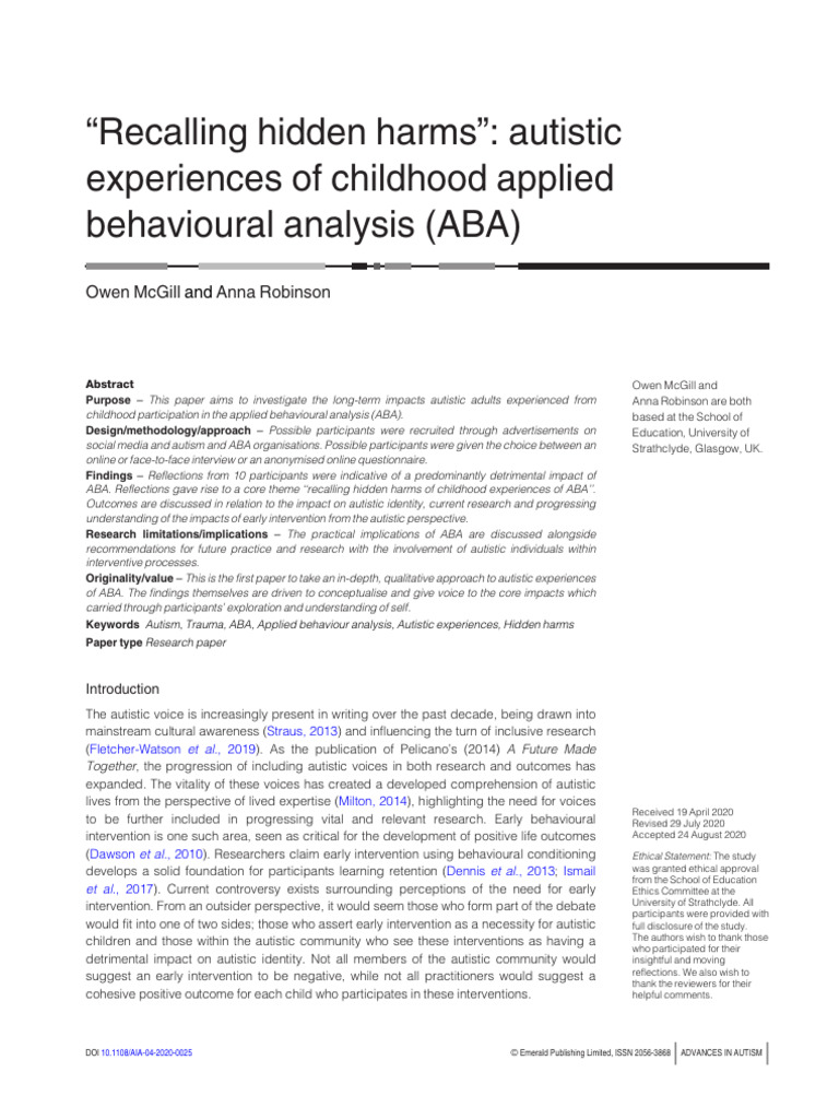 Recalling Hidden Harms Autistic Experiences of Childhood Applied Behavioural Analysis (ABA ...